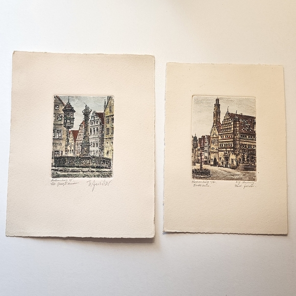 Art | Vintage Hand Colored Signed Art Etchings Of Rothenburg Germany ...